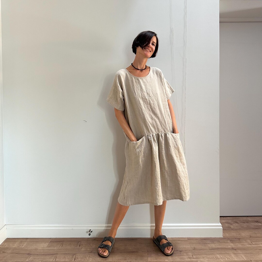Aria Gray Linen Dress With Short Sleeves, Relaxed Fit Natural Linen ...