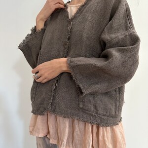 Brown Heavy Cropped Raw Pure Linen Jacket With Wooden Buttons, Pockets ...