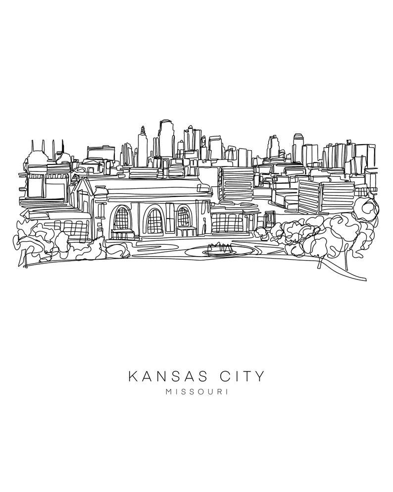 Kansas City Skyline 8x10 Single Line Art Print // Black and White ...