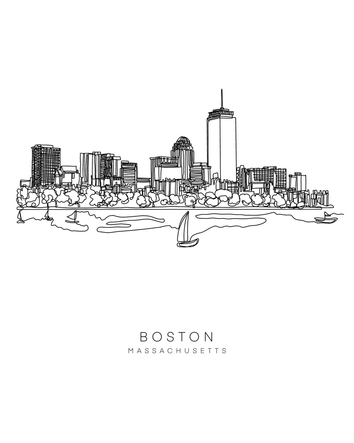 BOSTON Skyline 8x10 Single Line Art Print // Black and White ...