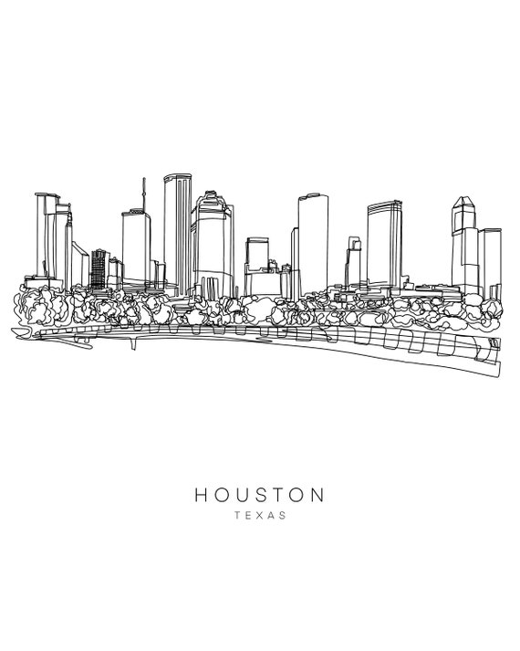 Houston Skyline Pen Ink Drawing Of Downtown From An Aerial View