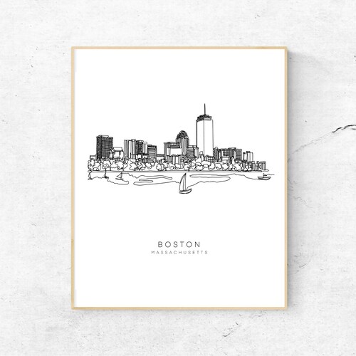 BOSTON Skyline 8x10 Single Line Art Print // Black and White | Etsy