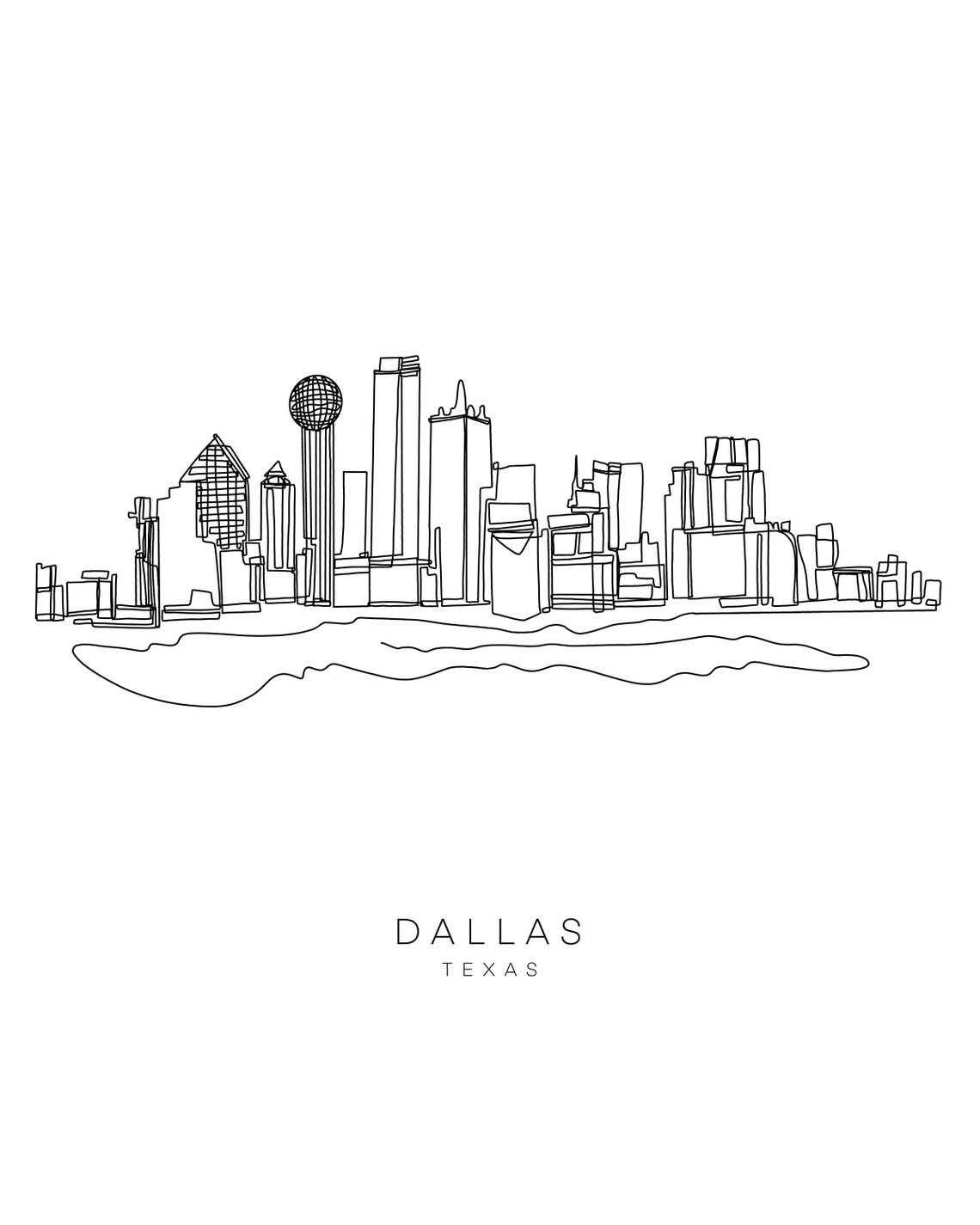 DALLAS Skyline 8x10 Single Line Art Print // Black and White ...