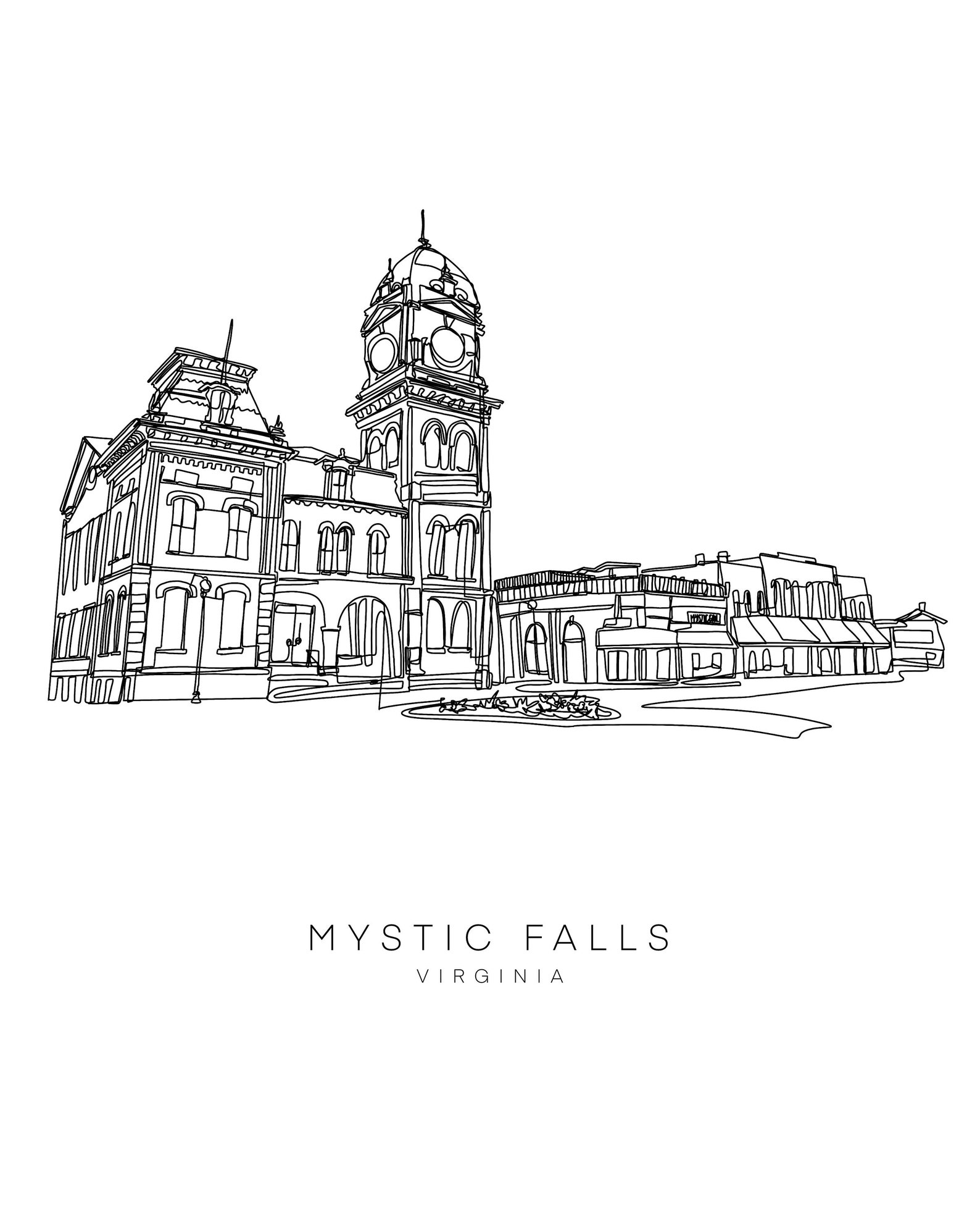 Vampire Diaries Mystic Falls 8x10 Single Line Art Print // Black and ...