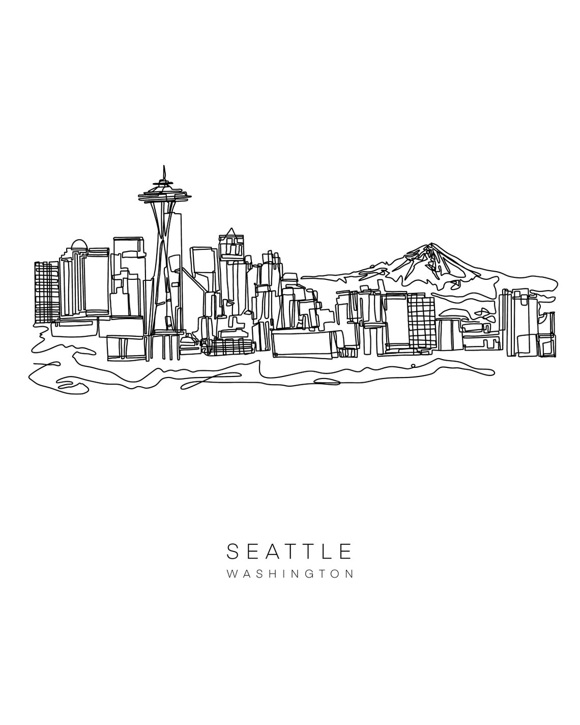 SEATTLE Skyline 8x10 Single Line Art Print // Black and White | Etsy