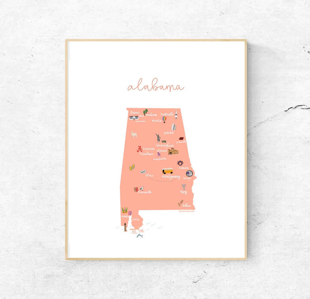 Alabama Illustrated Map Hand-drawn (unframed) - Etsy