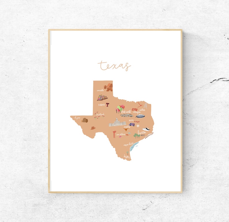 Texas Illustrated Map Hand-drawn unframed - Etsy