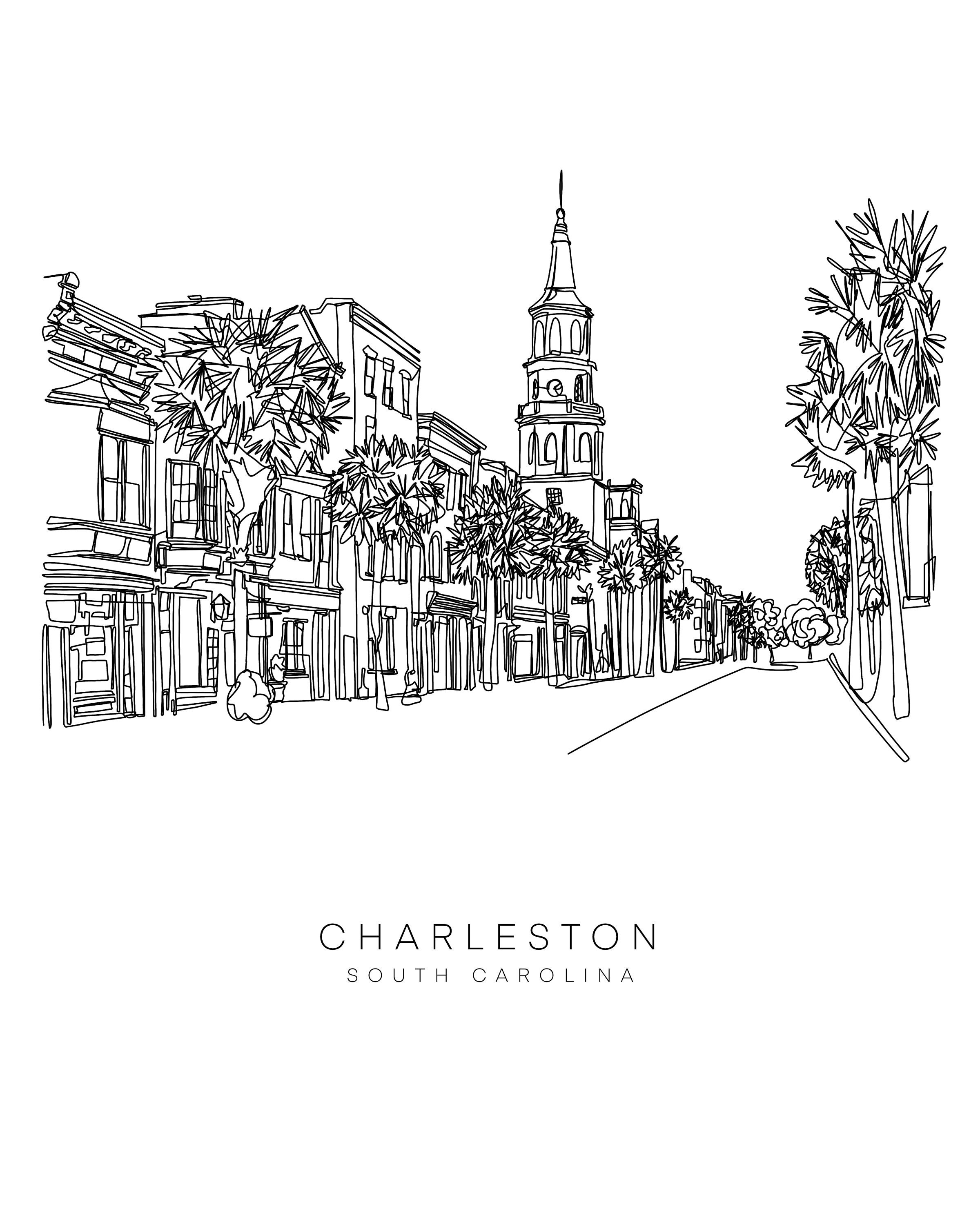 CHARLESTON Skyline 8x10 Single Line Art Print // Black and White ...