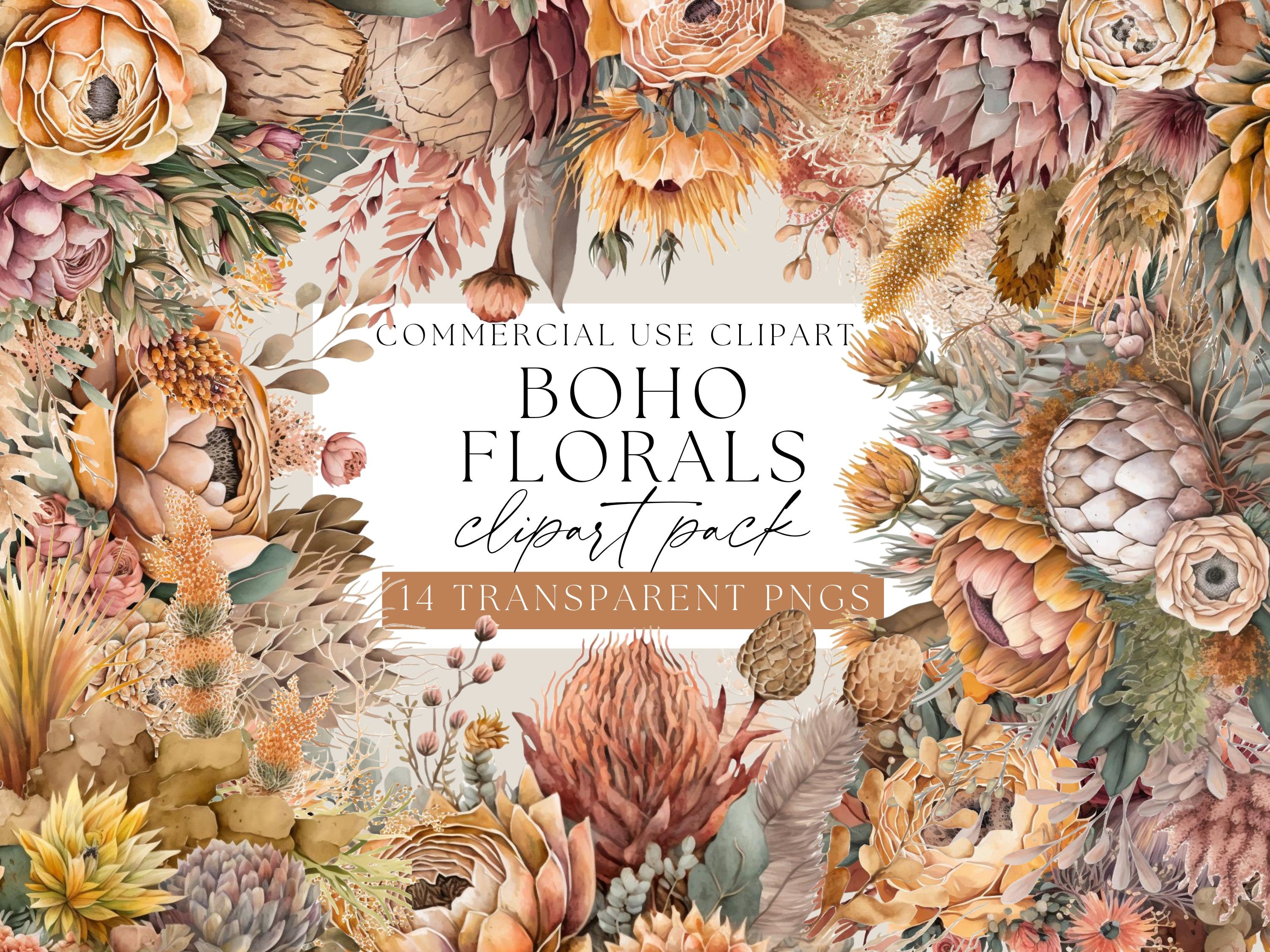 Boho Floral Clipart Pack, Terracotta Florals Pack, Transparent Pngs ...