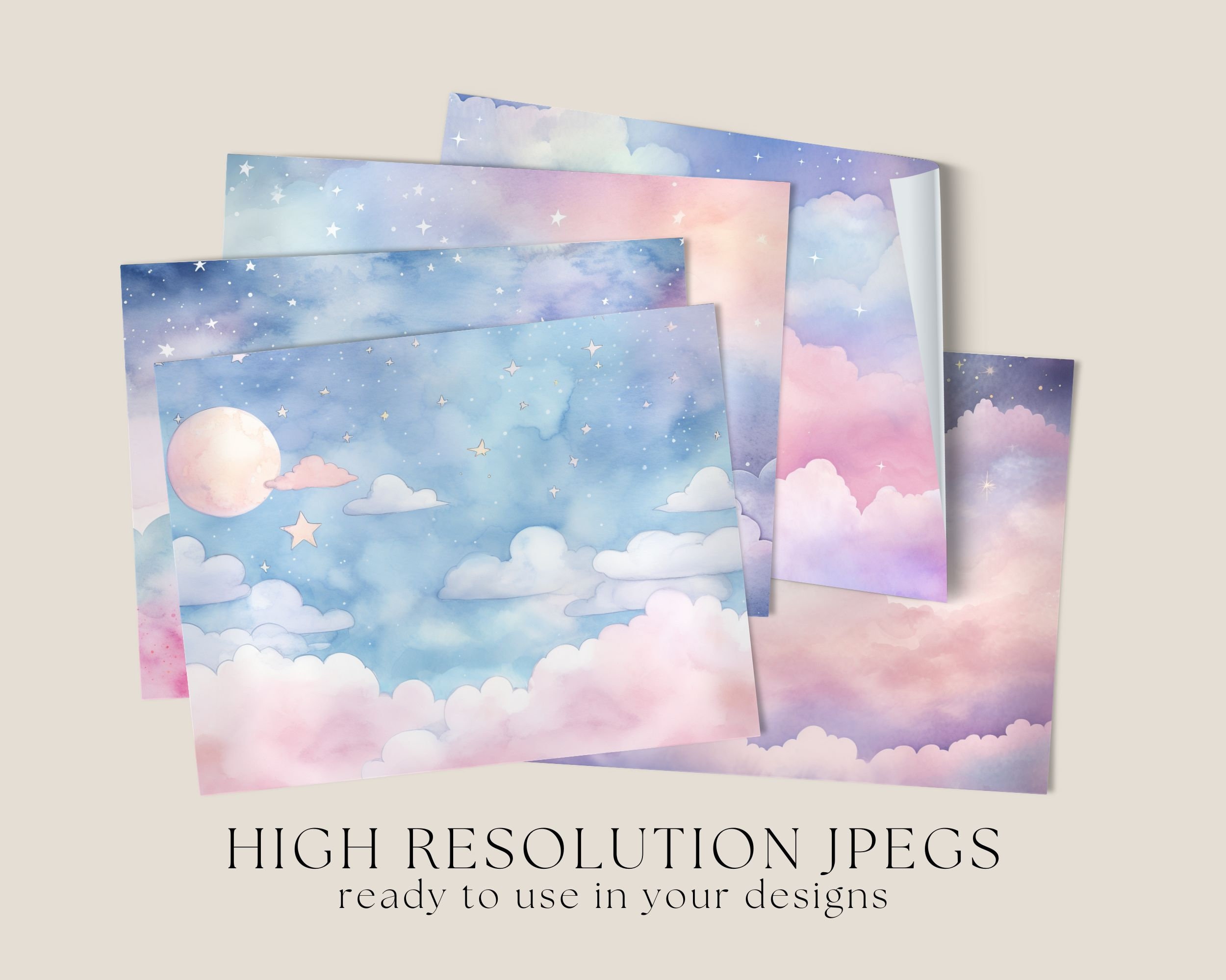 Starry Night Pastel Watercolor Sky With Stars Moon and Clouds for ...