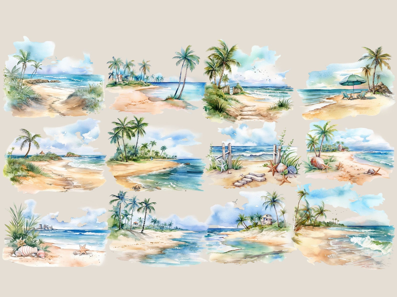 Beach Watercolor Clipart Ocean Backgrounds Waves and Beach - Etsy
