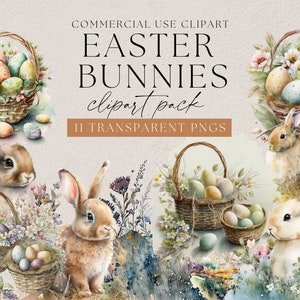 Easter Bunny Clipart, Rabbit With Flowers, Easter Baskets With Eggs ...