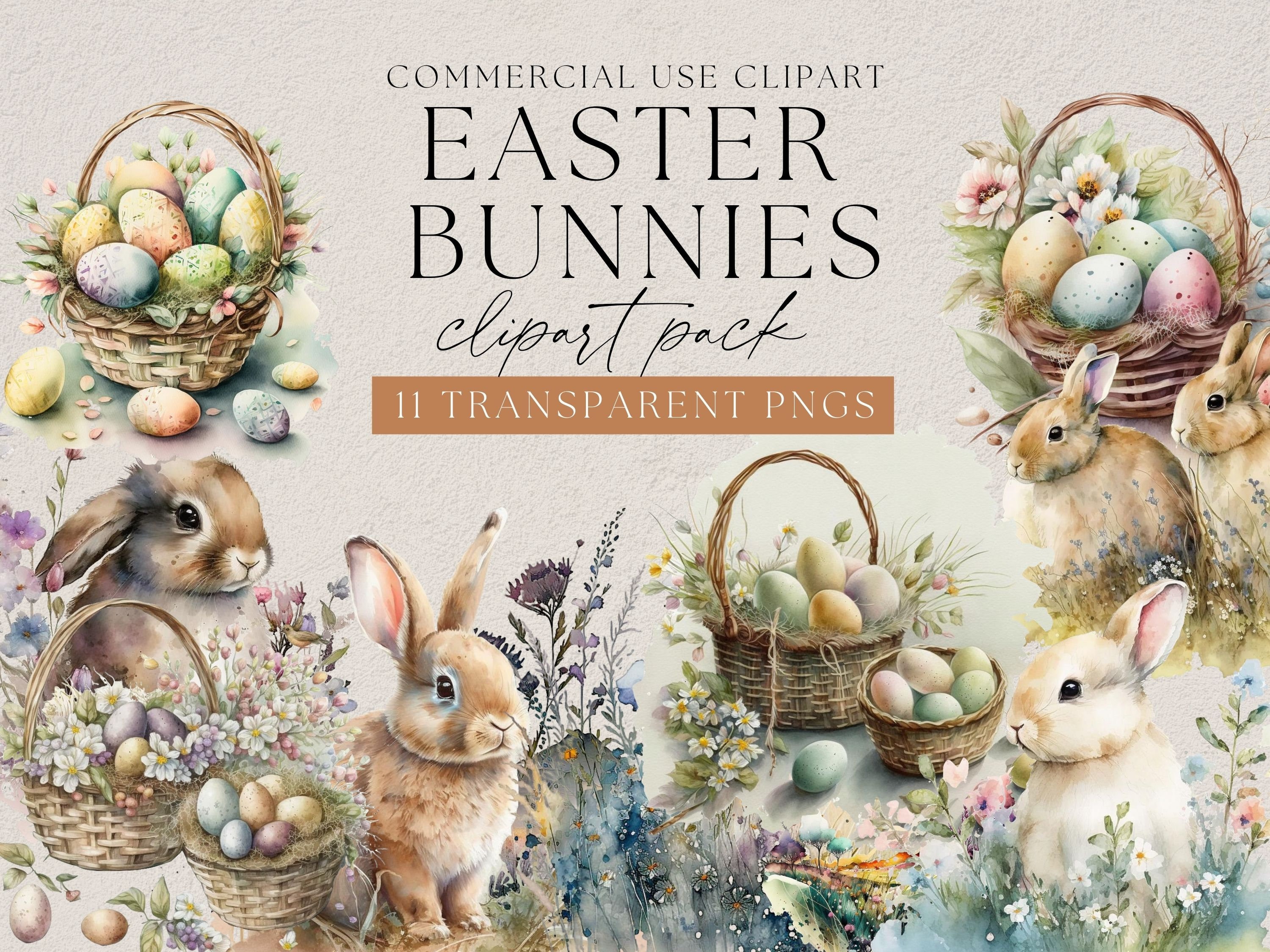 Easter Bunny Clipart, Rabbit With Flowers, Easter Baskets With Eggs ...