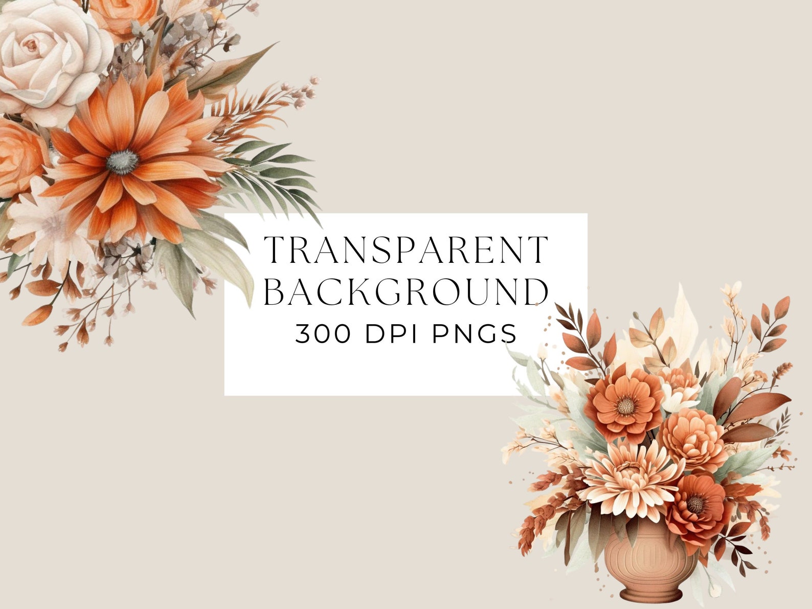 Boho Rustic Florals Clipart Pack, Terracotta Florals Pack, Transparent ...