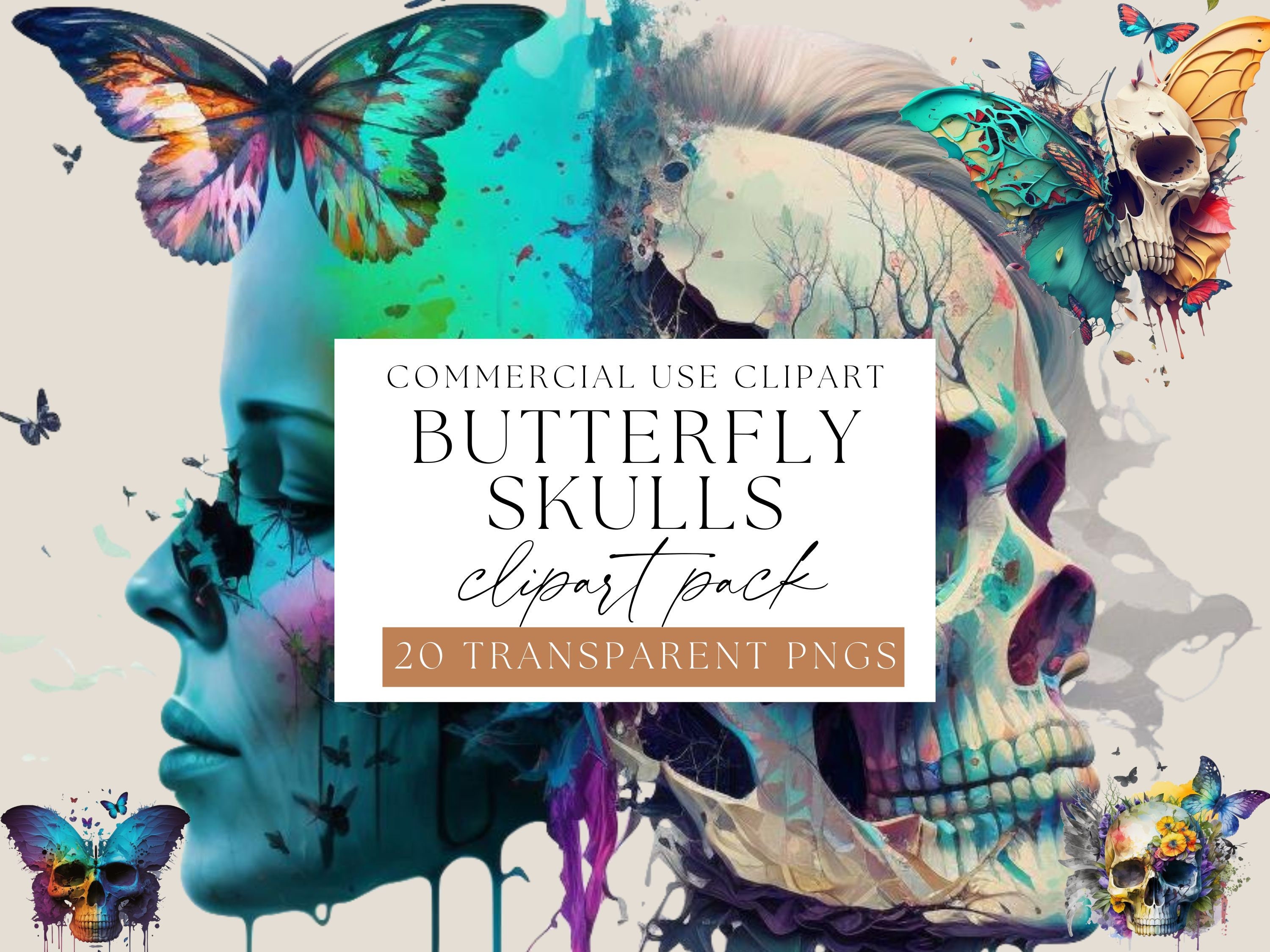 Butterfly Skulls Watercolor Clipart, Butterfly Clipart, Skull PNG ...