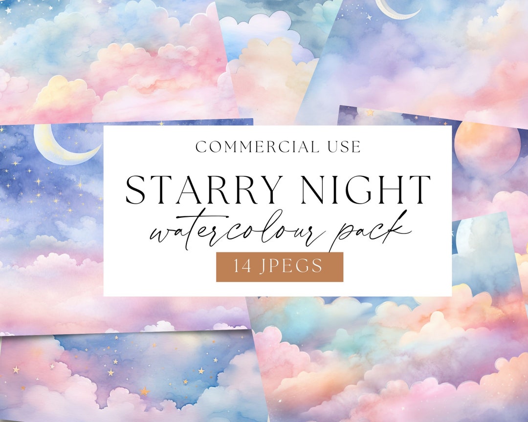 Starry Night Pastel Watercolor Sky With Stars Moon and Clouds for ...