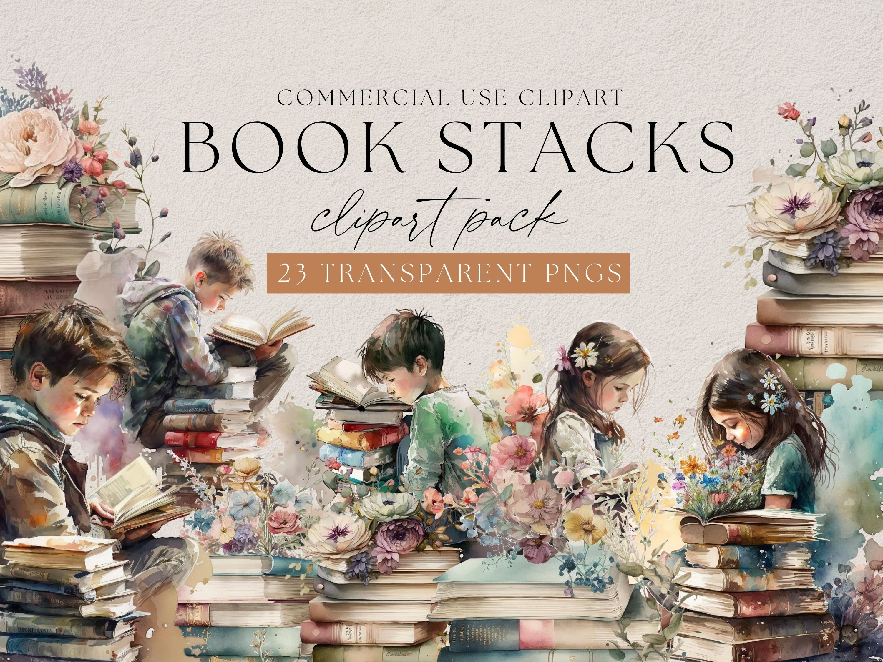 Bookworm Reading Watercolor Clipart, Book Stack With Flowers, Books ...