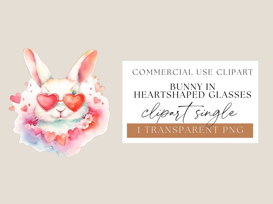 Bunny in Heartshaped Glasses, Rabbit Clipart Watercolor, Valentines Day ...