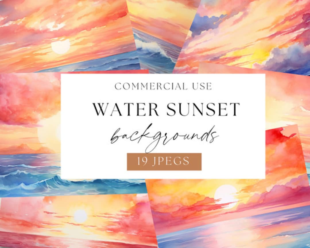 Beach Sunset Background, Ocean Watercolor Digital Papers, Watercolor ...