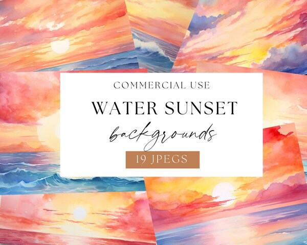 Beach Sunset Background, Ocean Watercolor Digital Papers, Watercolor ...