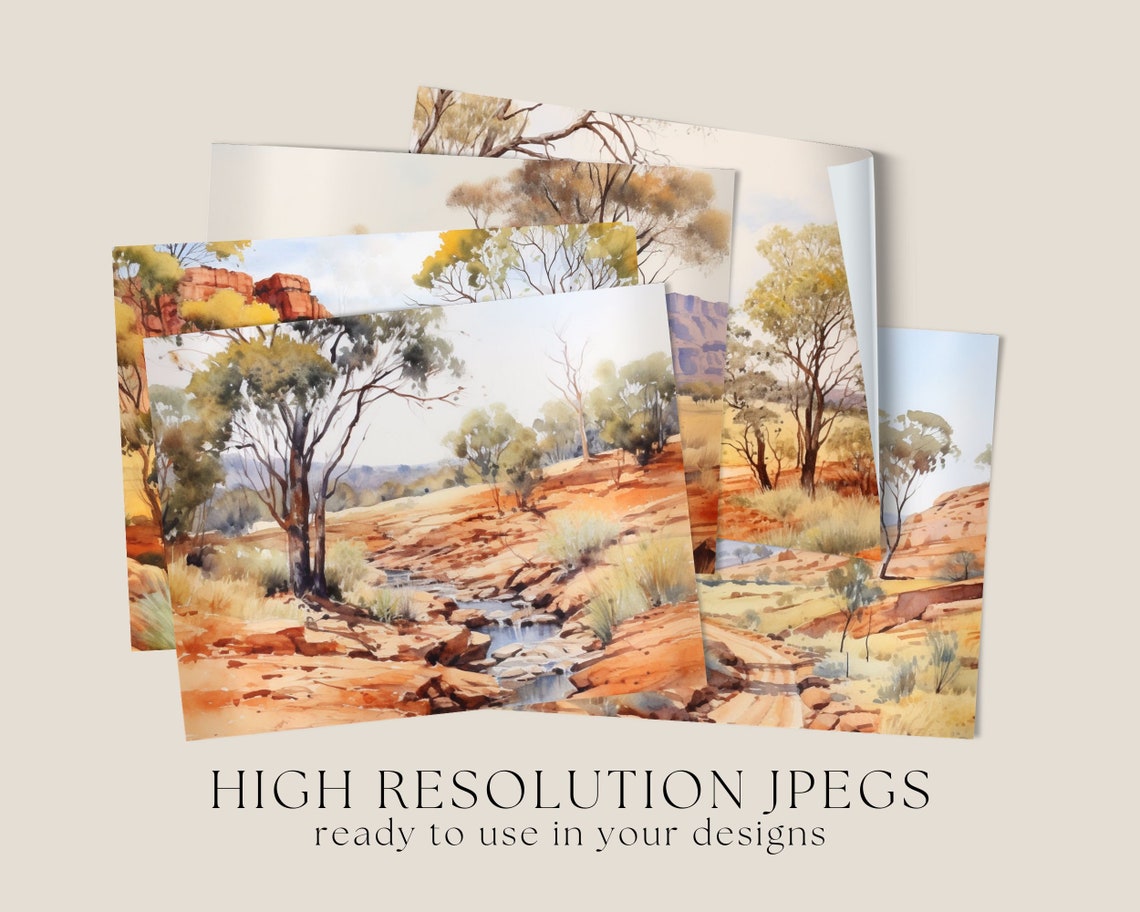 Watercolour Australian Outback Scenery, Aussie Desert Digital Paper ...