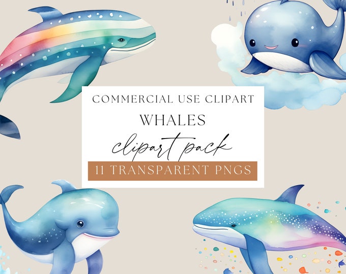 Whales Watercolor Clipart, Sea Animals Clip Art, Ocean Life, Underwater ...