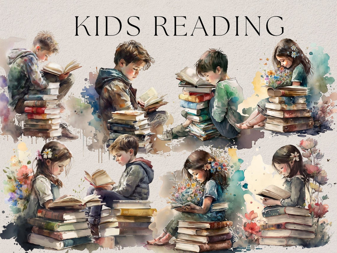 Bookworm Reading Watercolor Clipart, Book Stack With Flowers, Books ...