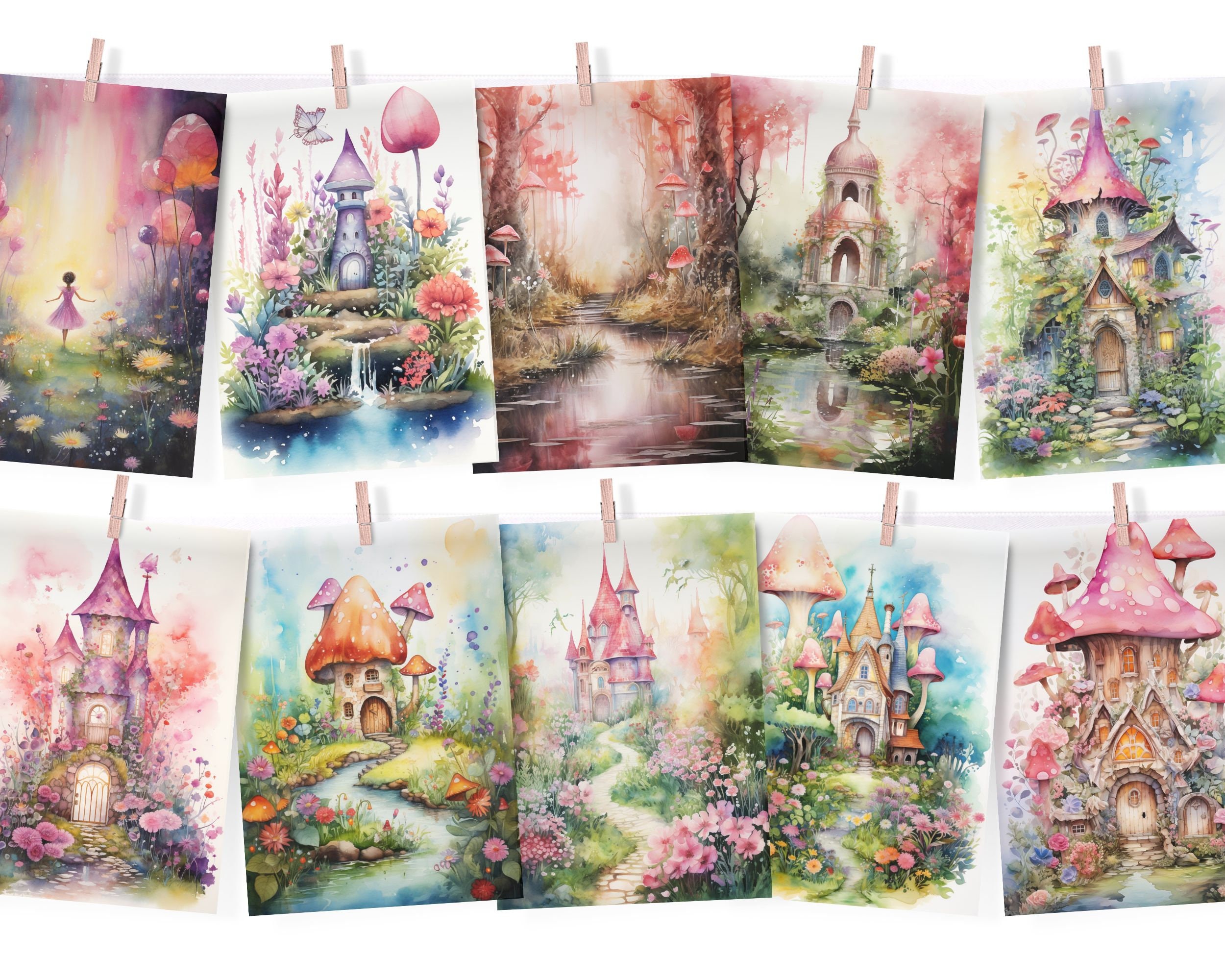 Fairy Garden Watercolor Digital Papers, Watercolor Fantasy Fairy House ...