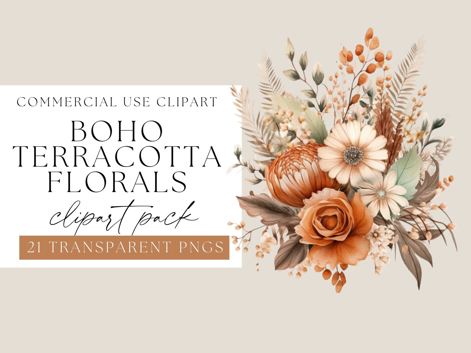 Boho Rustic Florals Clipart Pack, Terracotta Florals Pack, Transparent ...