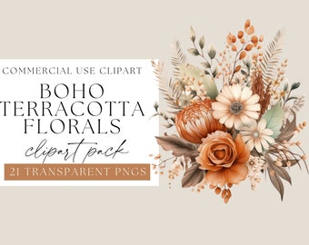 Boho Florals Clipart Bundle, Terracotta Florals Pack, Transparent Pngs ...