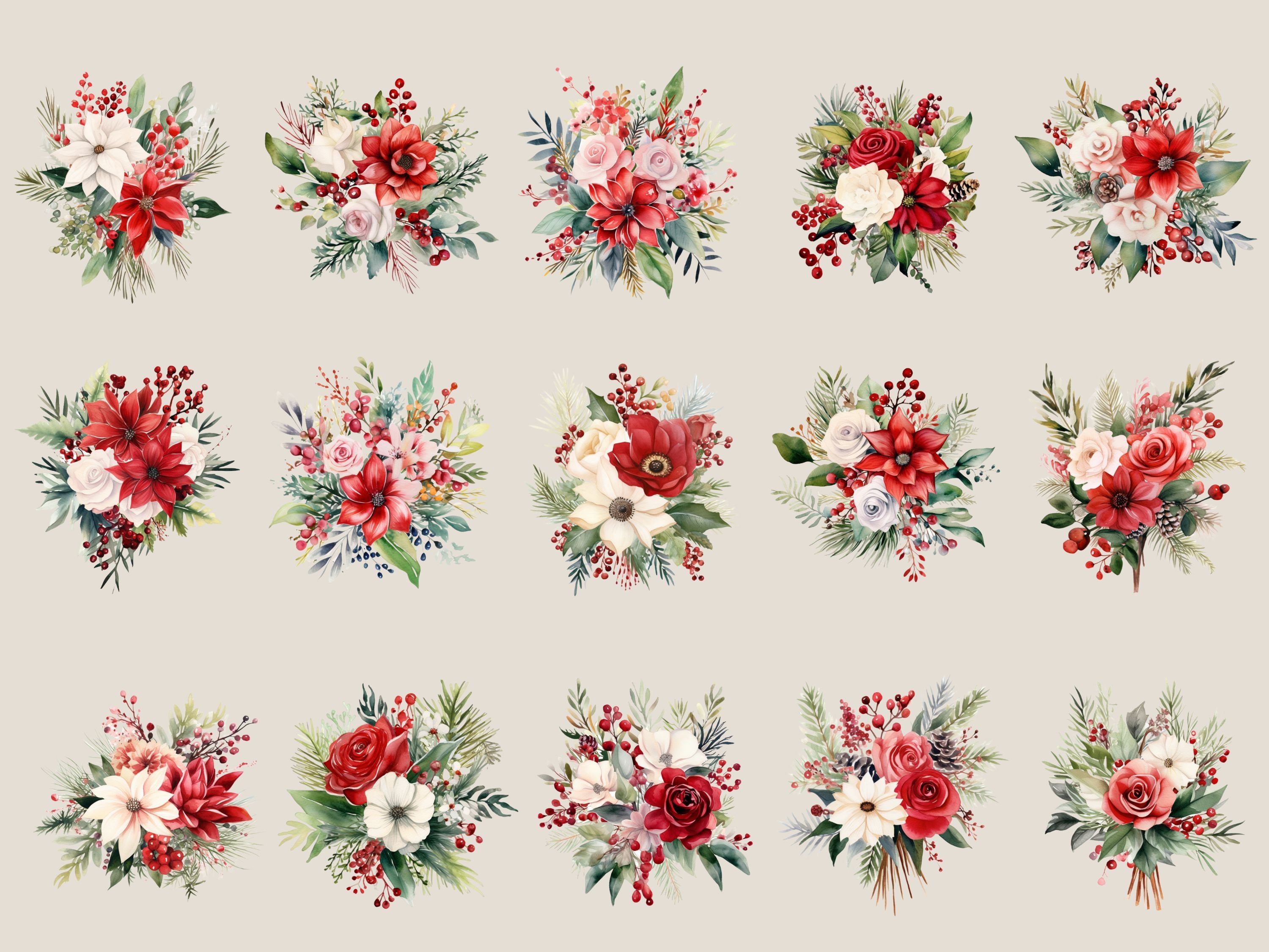 Christmas Florals Clipart, Transparent Pngs, Xmas Clip Art, Watercolor ...