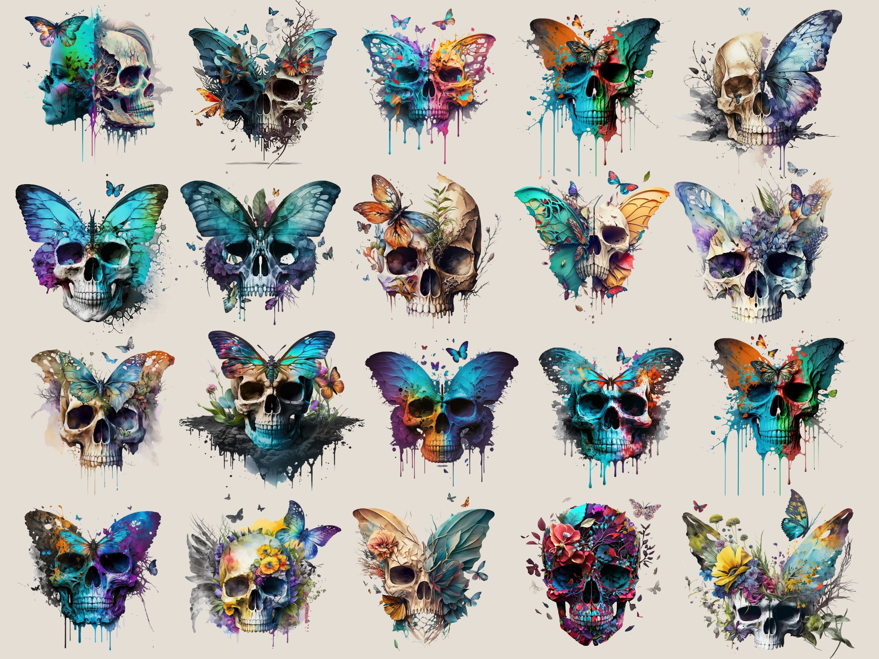 Butterfly Skulls Watercolor Clipart, Butterfly Clipart, Skull PNG ...
