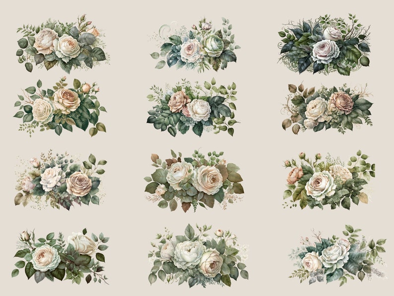 Damask Roses Clipart Pack, White Floral Pack, Transparent Pngs, Cream ...