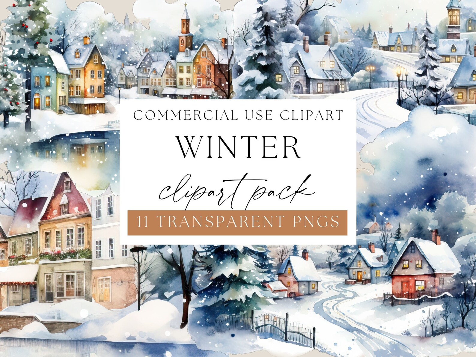 Winter Scenery Clipart Pack, Watercolor Clip Art, Christmas Clipart ...