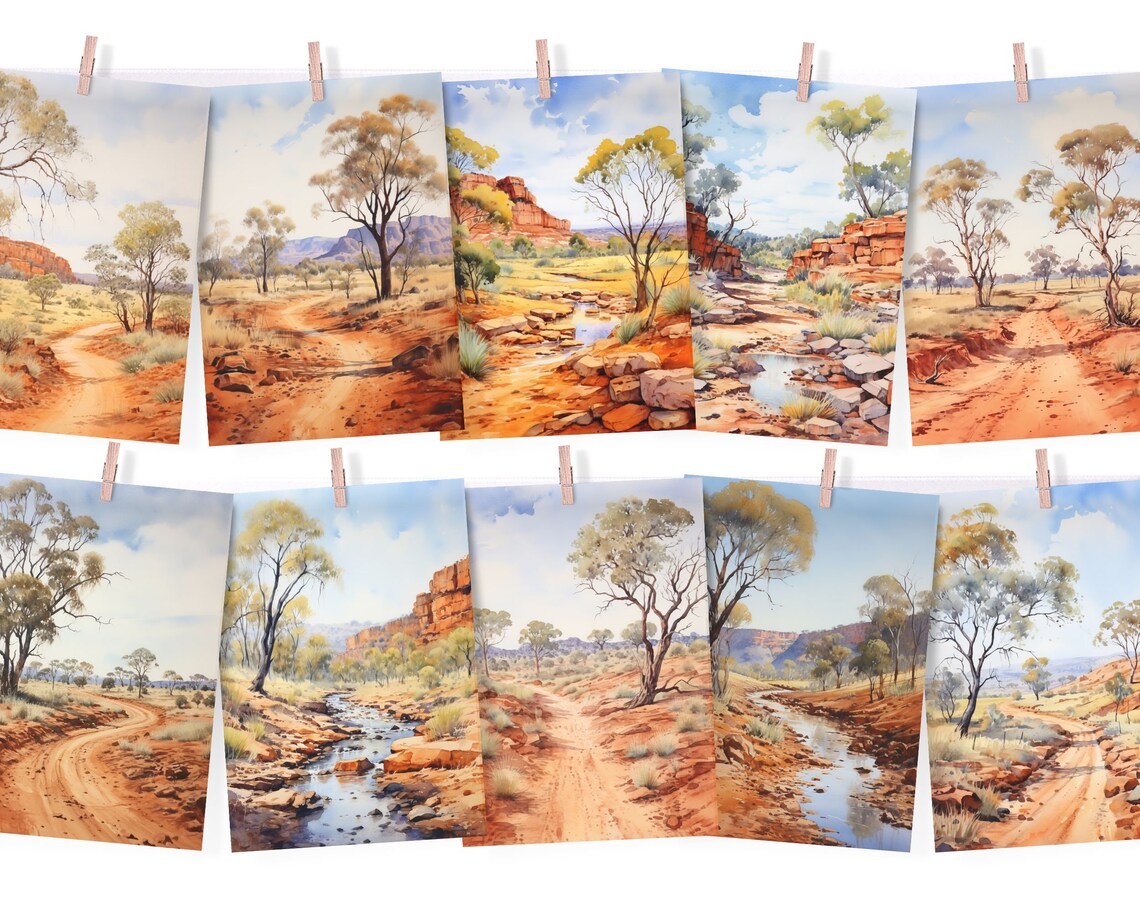 Watercolour Australian Outback Scenery, Aussie Desert Digital Paper ...