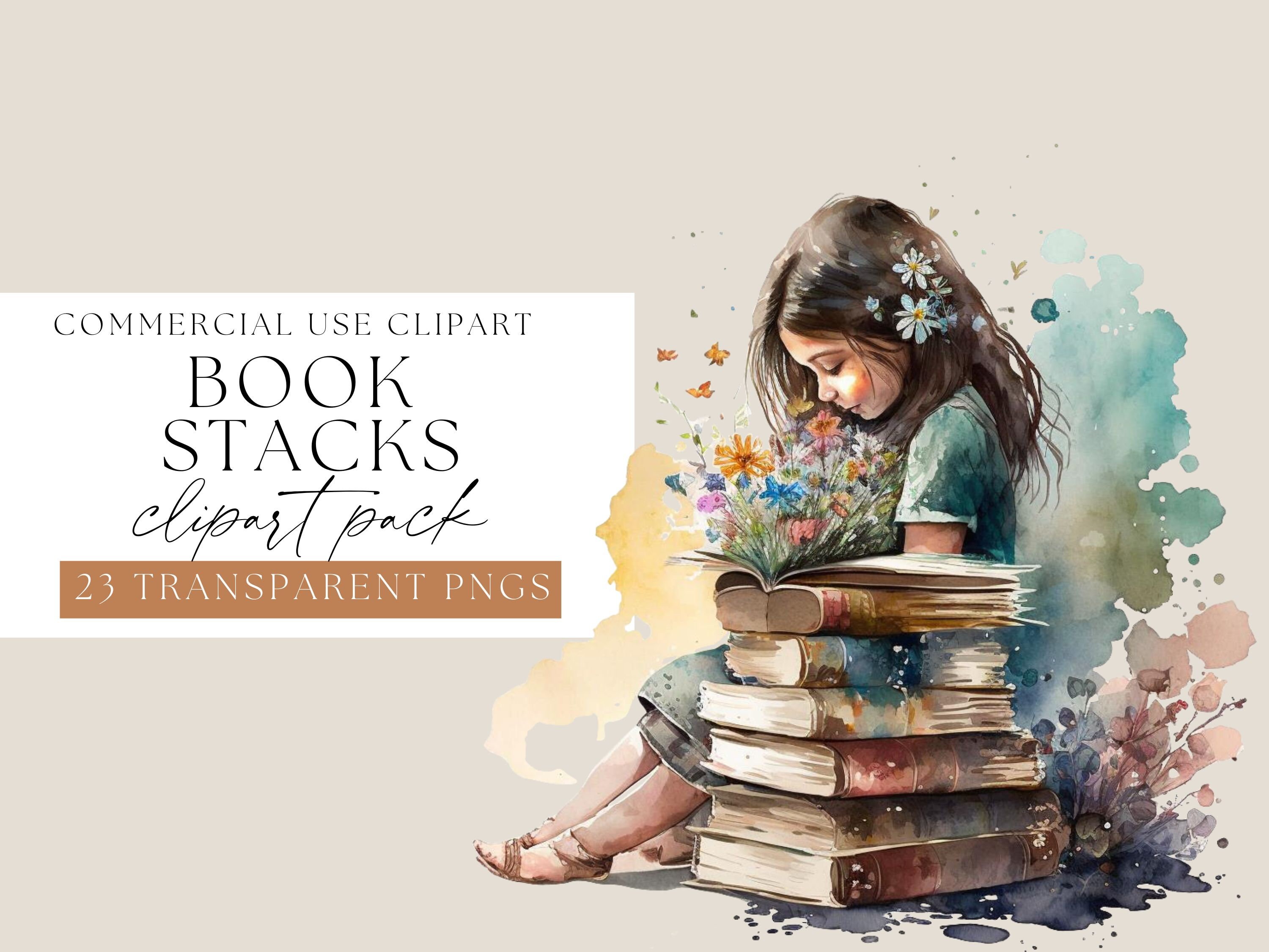 Bookworm Reading Watercolor Clipart, Book Stack With Flowers, Books ...
