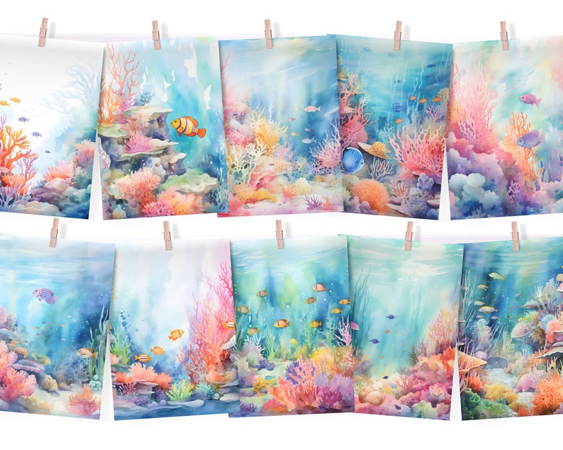 Under the Sea Watercolor Background, Coral Reef Digital Paper, Deep ...