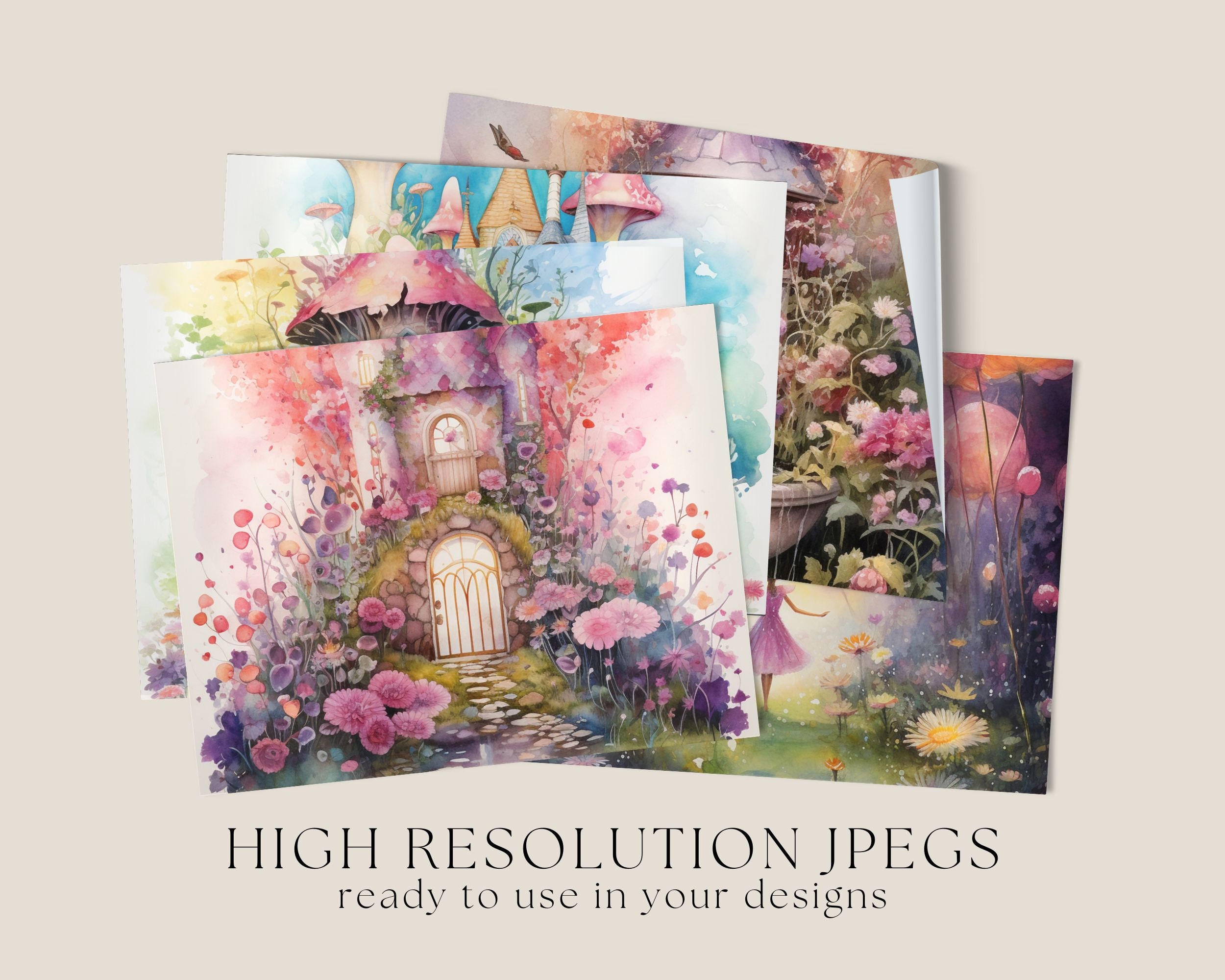 Fairy Garden Watercolor Digital Papers, Watercolor Fantasy Fairy House ...