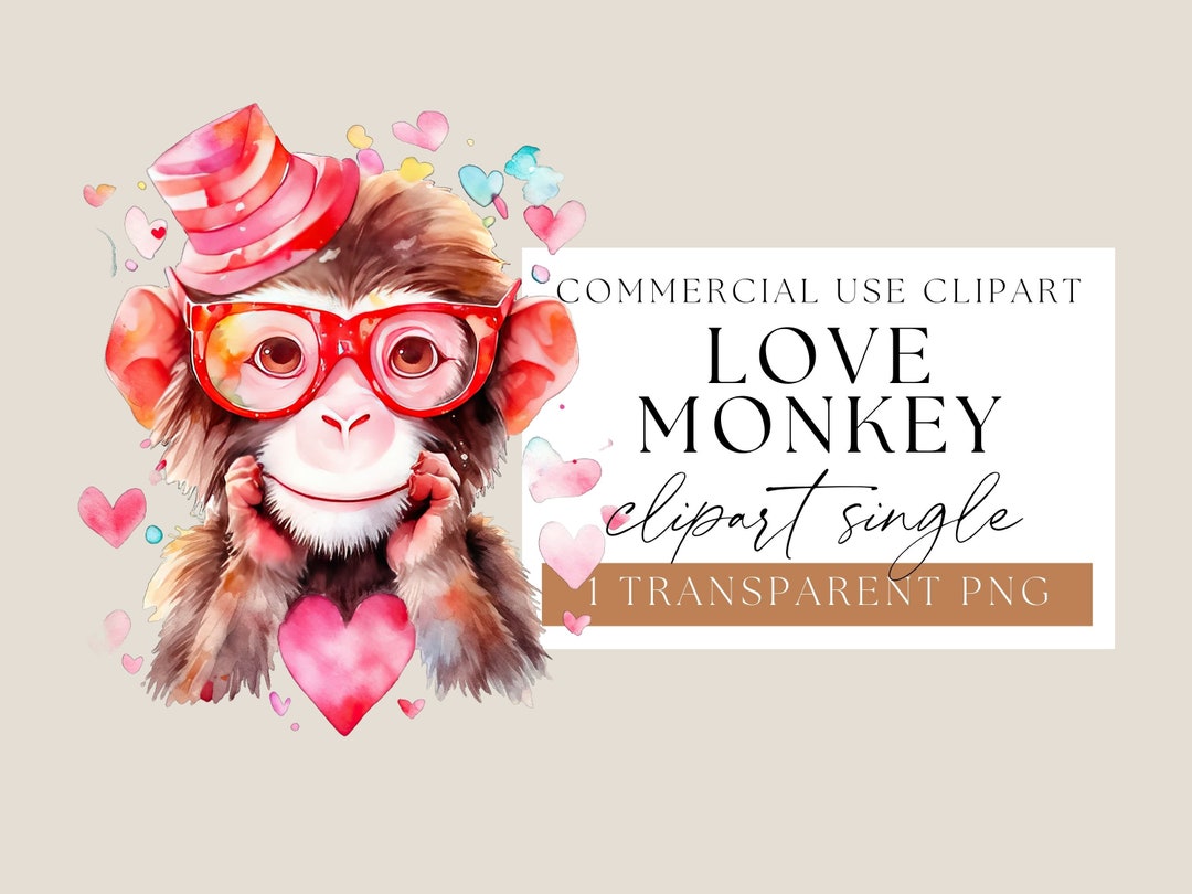 Cute Monkey Clipart, Love Monkey, Valentines Day Clip Art, Watercolor Monkey With Love Hearts ...