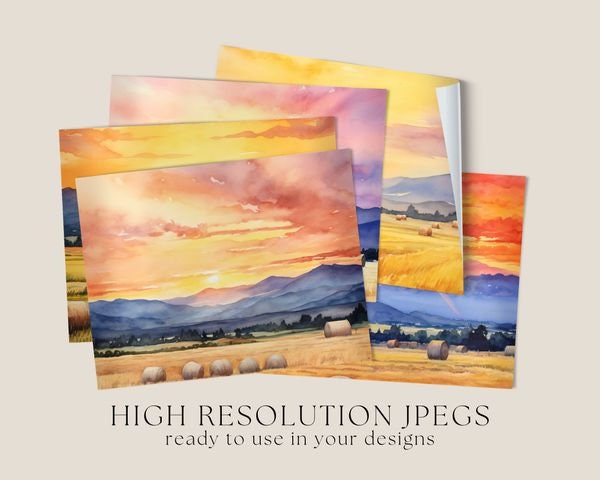 Sunset Over a Farm Background, Summer Sky, Farm Fields Digital Paper ...