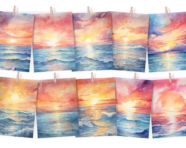 Beach Sunset Background, Ocean Watercolor Digital Papers, Watercolor ...