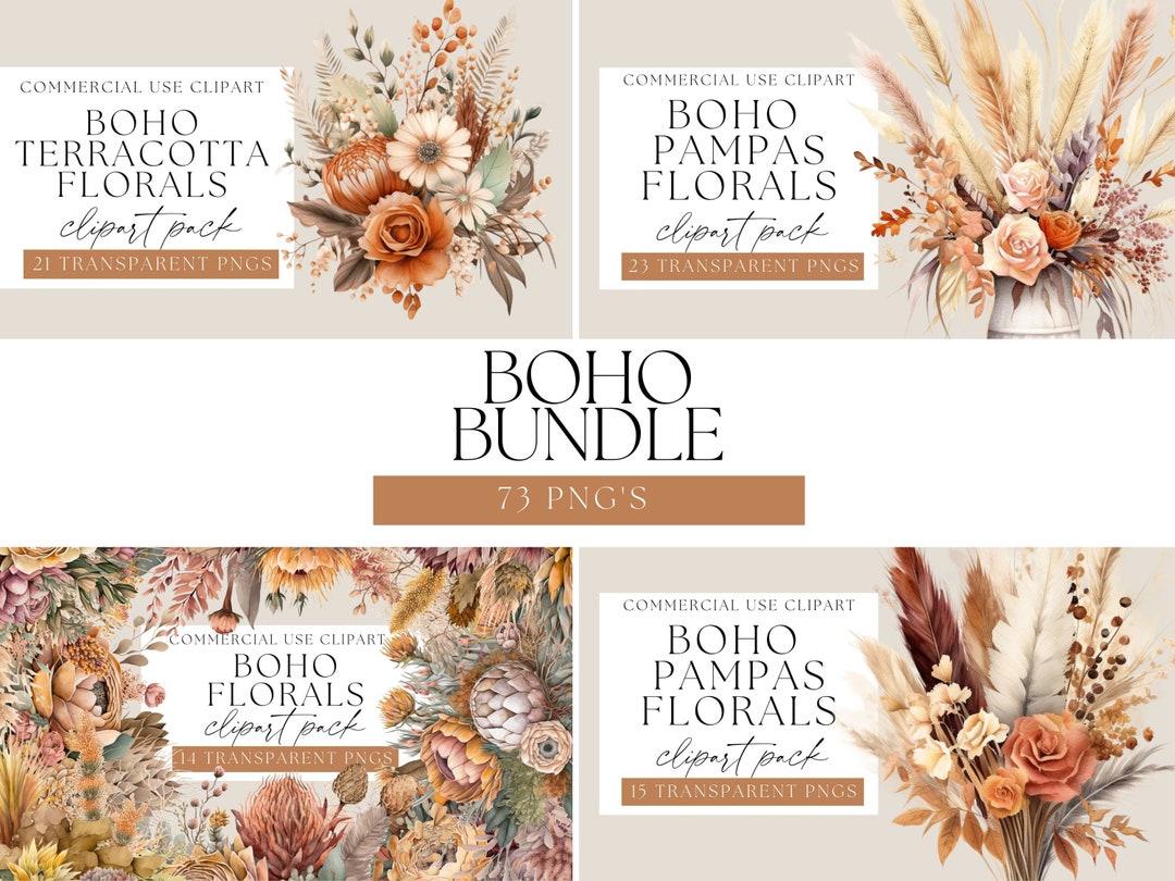 Boho Florals Clipart Bundle, Terracotta Florals Pack, Transparent Pngs ...