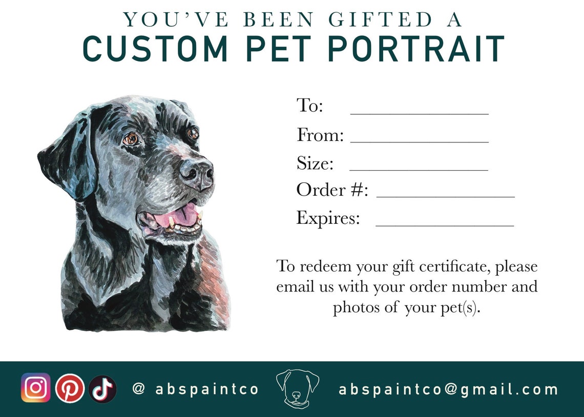 Pet Portrait Gift Card, Portrait Gift Certificate, Watercolor Pet ...