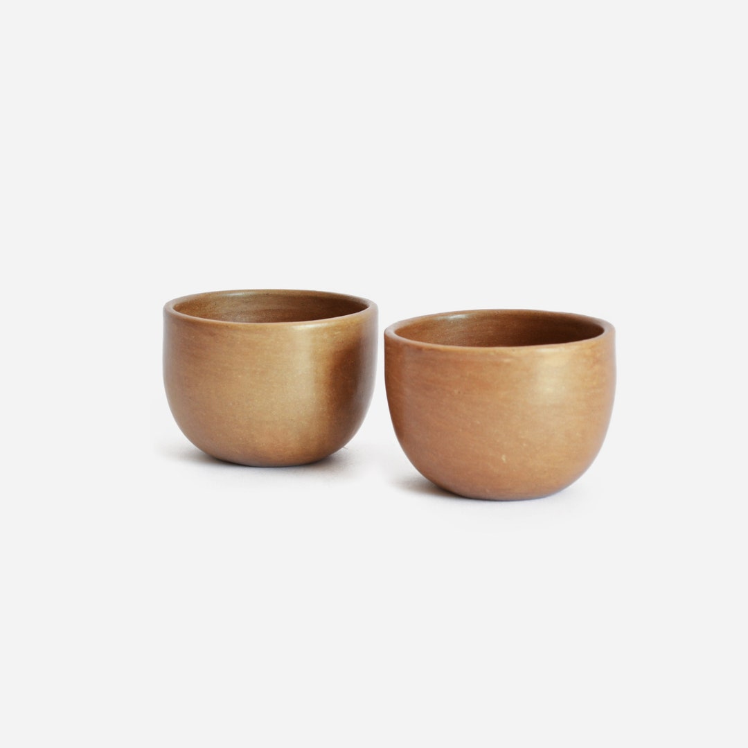 2 Espresso Cups - Handmade - Natural Beeswax Finish Sand Colour Barro ...