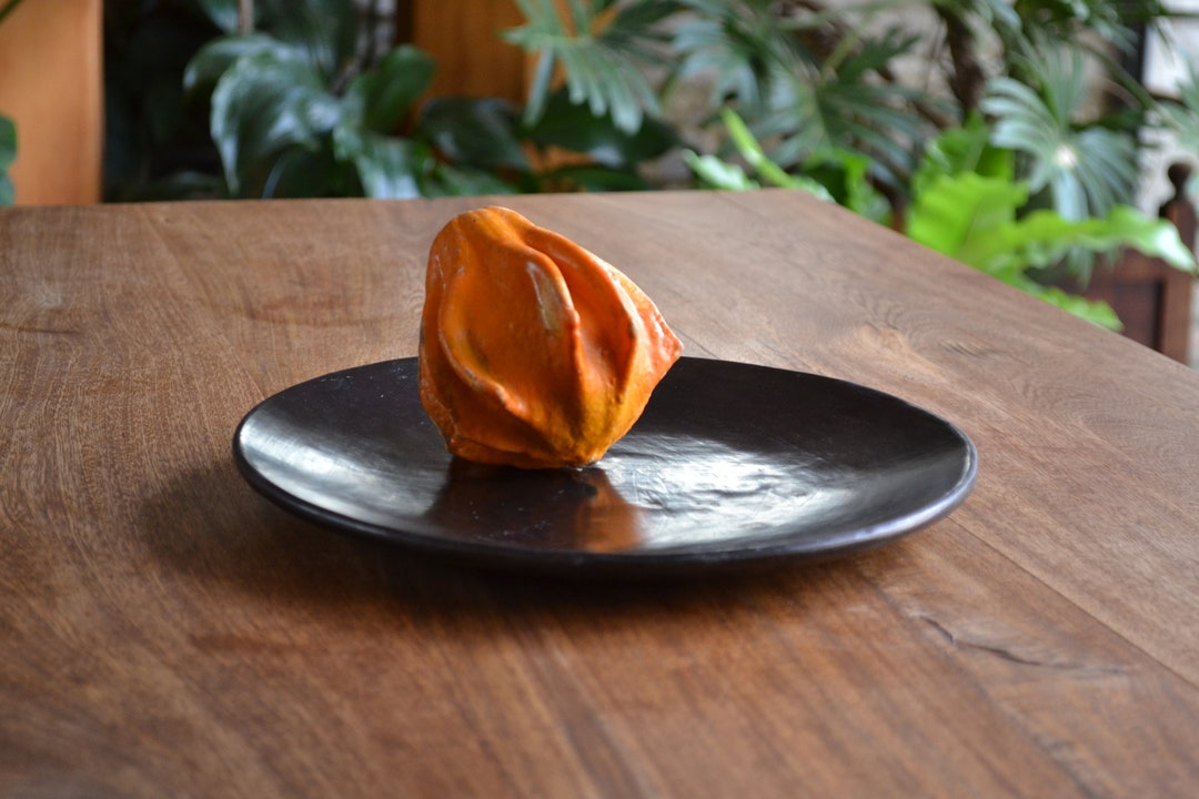 2 Dinner Plates 25cm Beeswax Finish - Black Natural Handmade Clay Set ...