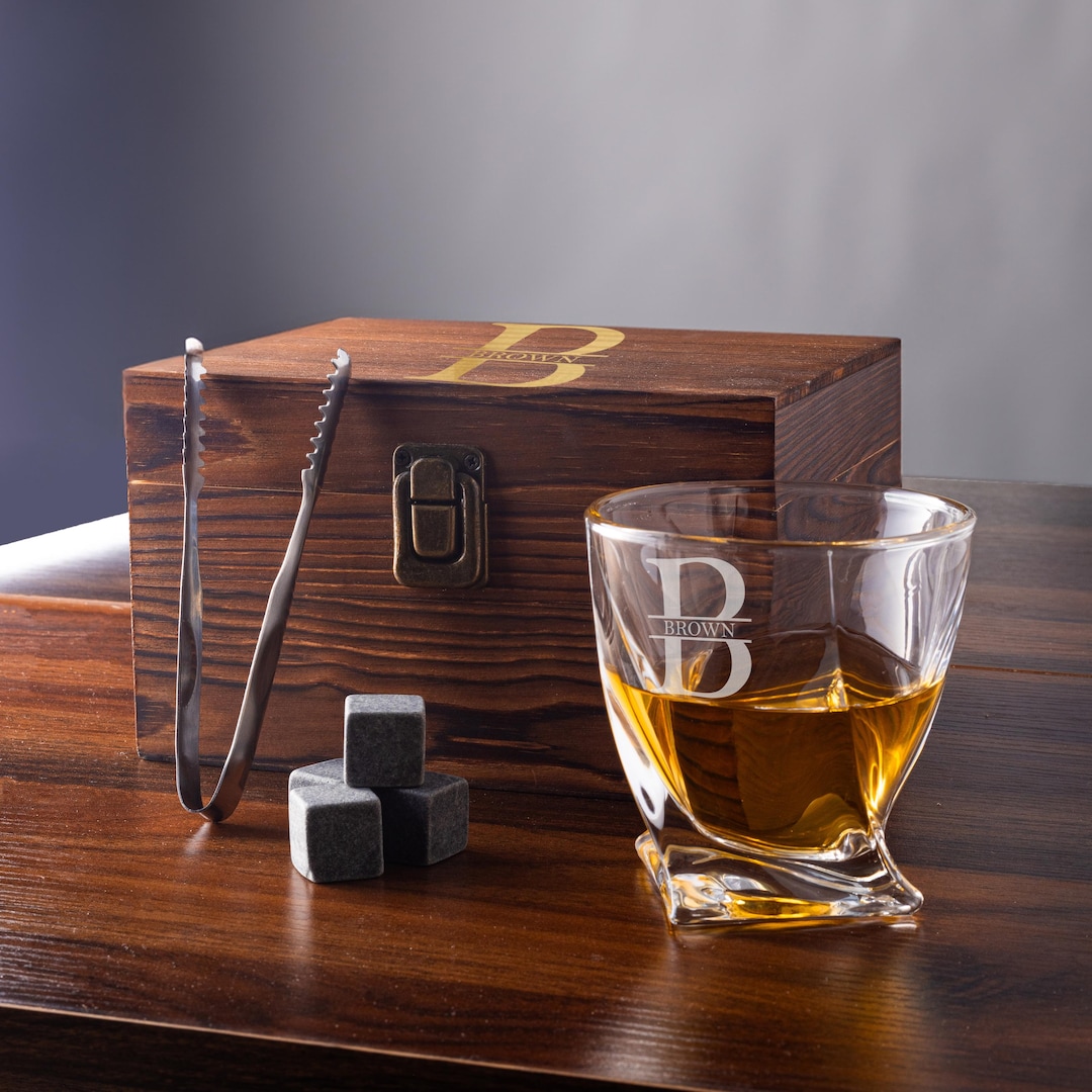 Custom Wood Whiskey Box With Twisted Glass, Custom Barware Gift Set ...