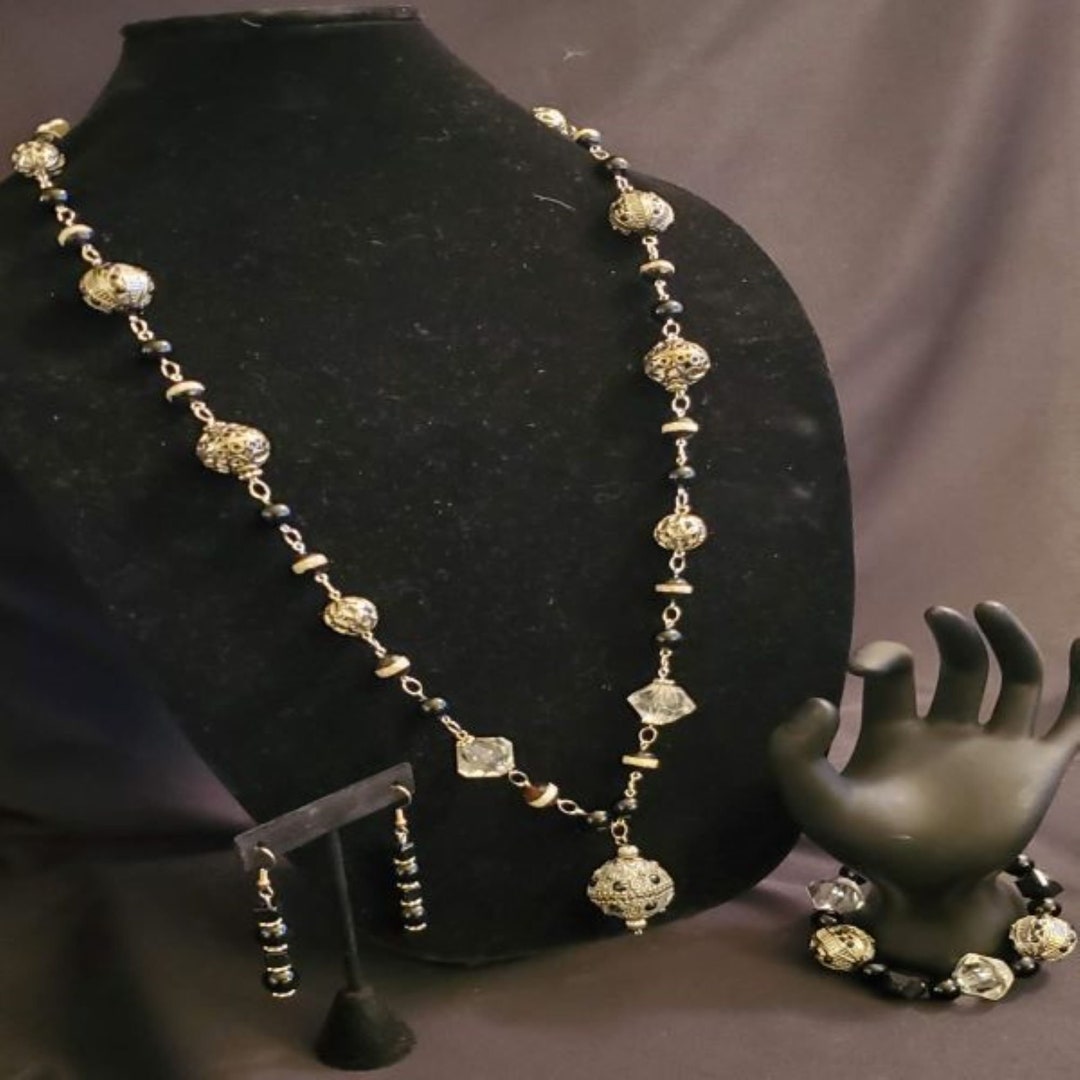 Black & Silver Opera Length Necklace Set; Classic Style Necklace With a ...