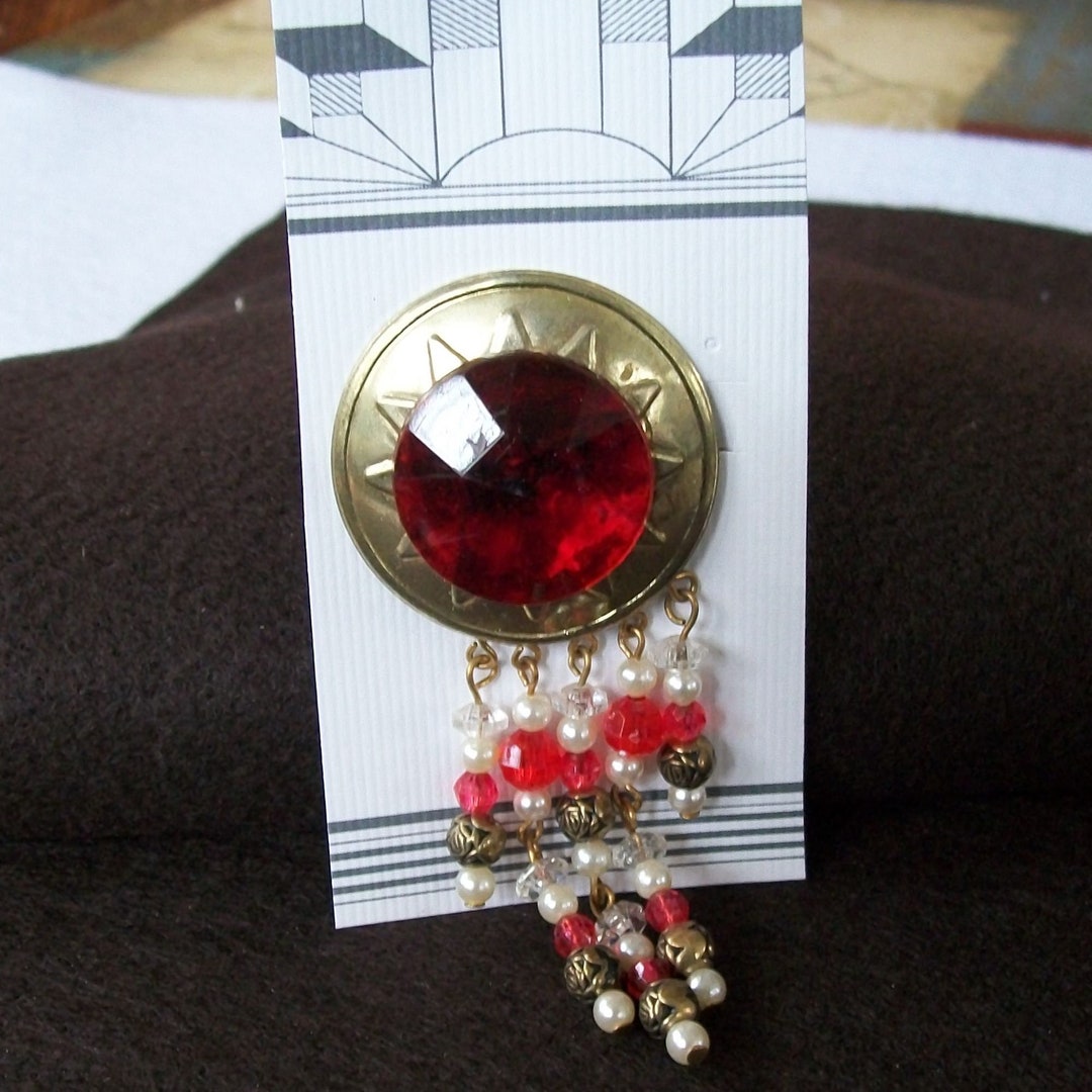 Handmade Gold Tone Red Beaded Dangle Lapel Pin - Etsy