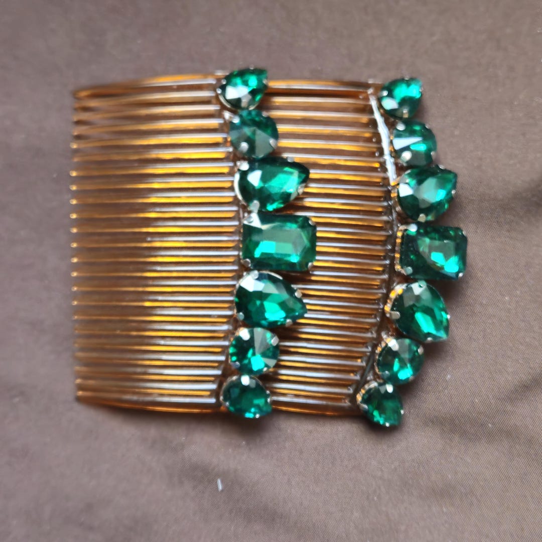 Green Square, Oval, Teardrop Gemstone Hair Combs Set of 2 Brown Combs ...