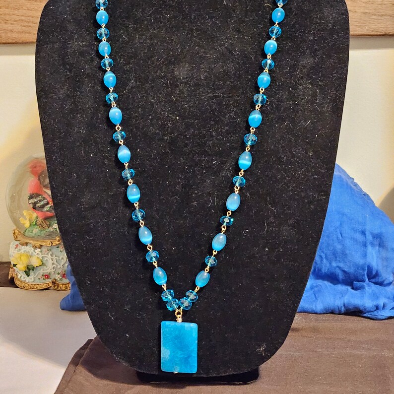 Blue Beaded Necklace With Glass Square Pendant - Handmade - Etsy